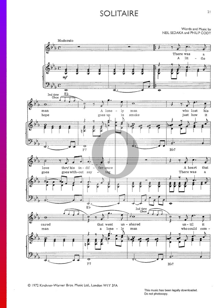 Solitaire (The Carpenters) Piano Sheet Music - OKTAV