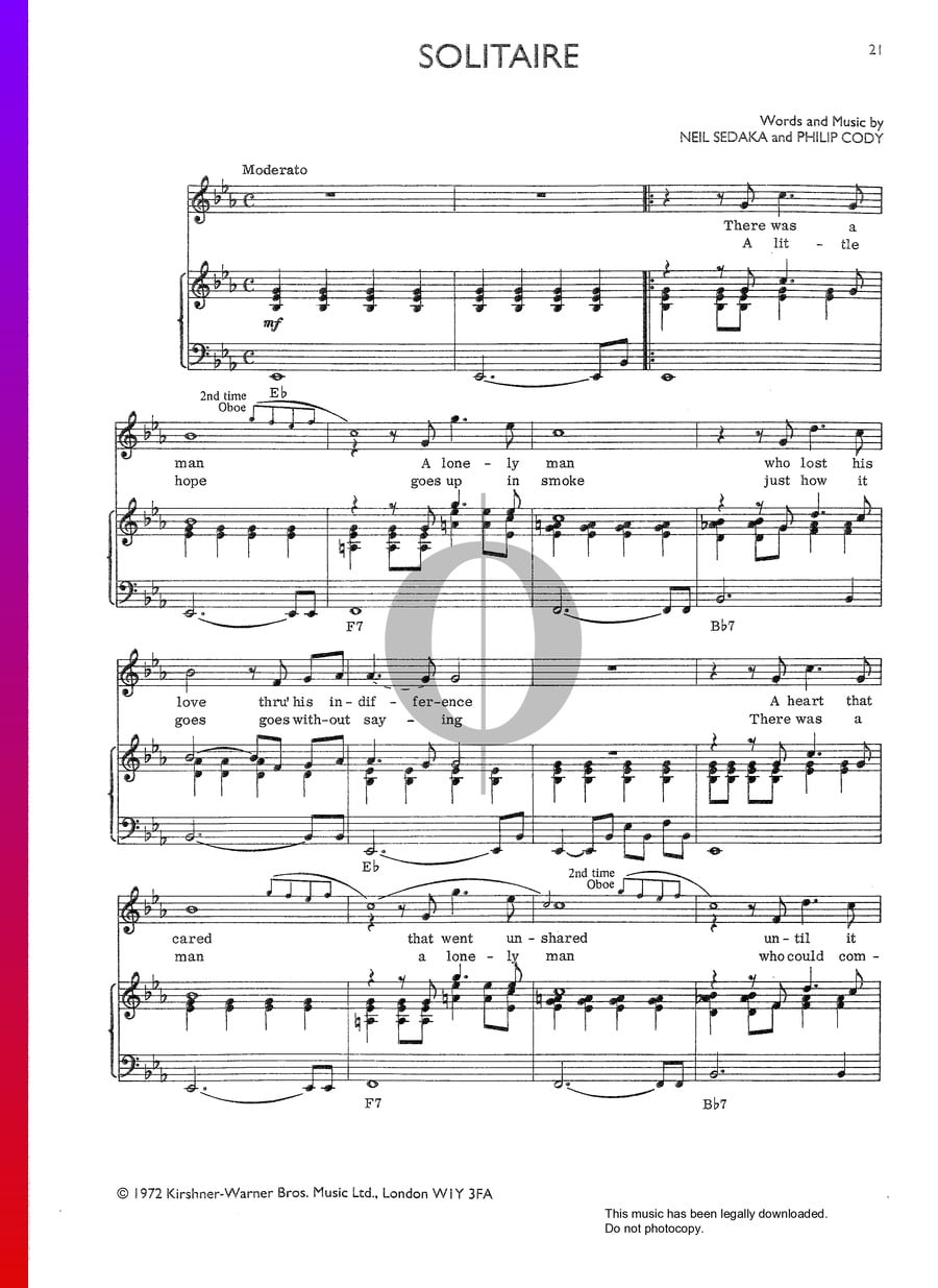 Solitaire (The Carpenters) Piano Sheet Music - OKTAV
