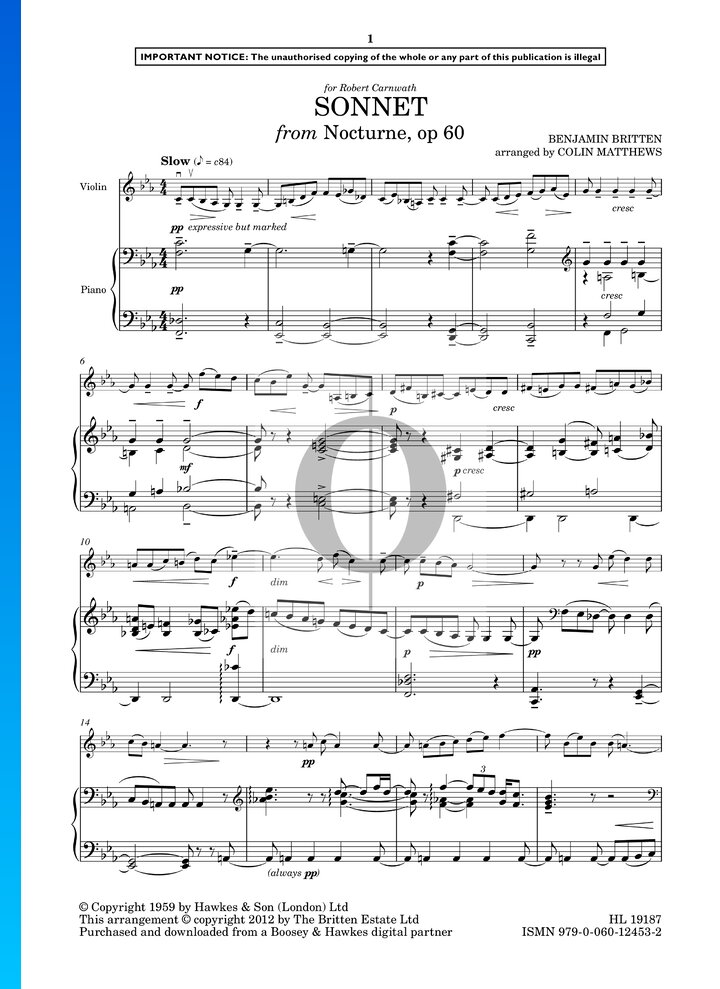 Nocturne, Op. 60: 8. Sonnet (Benjamin Britten) Piano Sheet Music - OKTAV