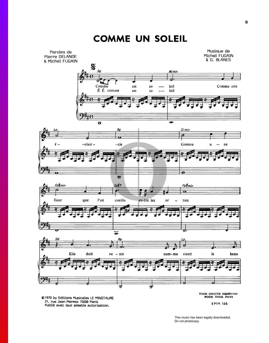 Comme Un Soleil (Nana Mouskouri) Piano Sheet Music - OKTAV