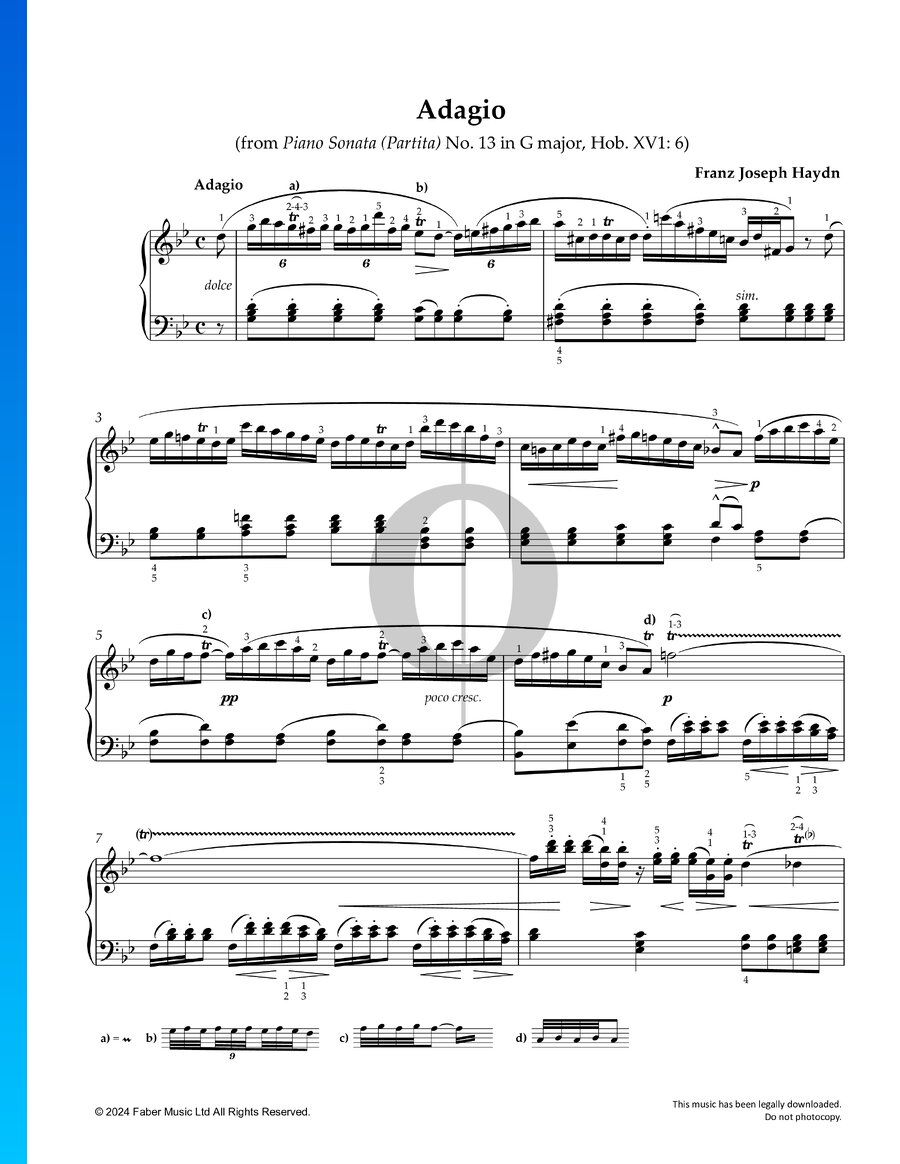 Sonata in G Major, No. 13 Hob.XVI:6: 3. Adagio (Franz Joseph Haydn) Piano Sheet Music - OKTAV