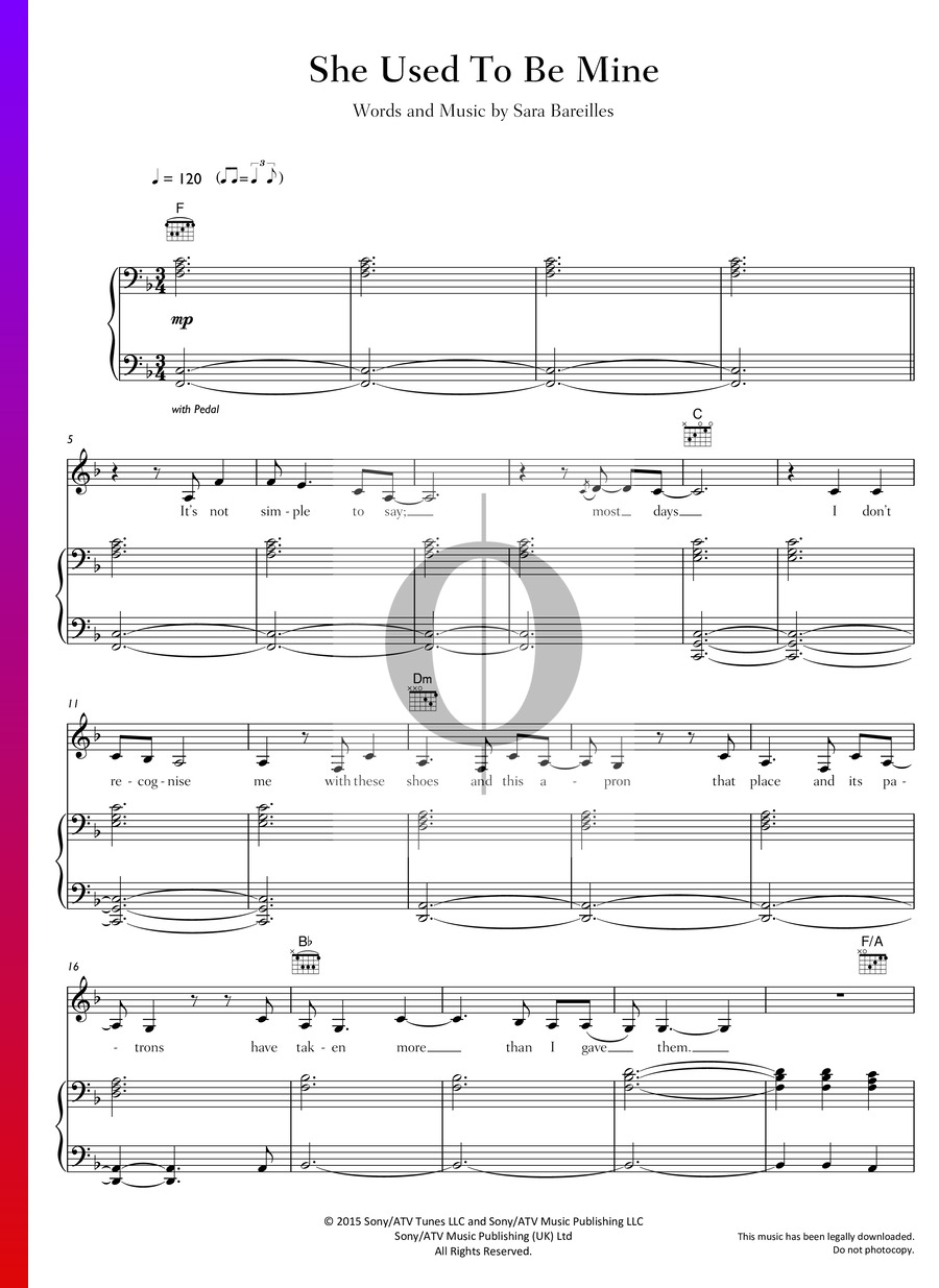 She Used To Be Mine Sara Bareilles Piano Sheet Music Oktav 5305