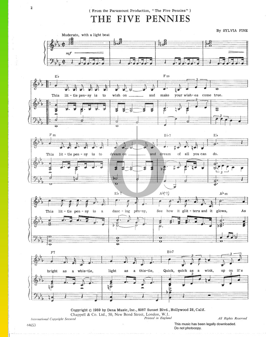 The Five Pennies (Sylvia Fine) Piano Sheet Music - OKTAV