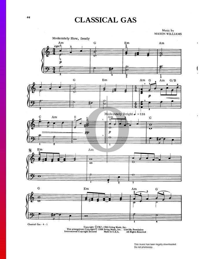 Classical Gas (Mason Williams) Piano Sheet Music - OKTAV