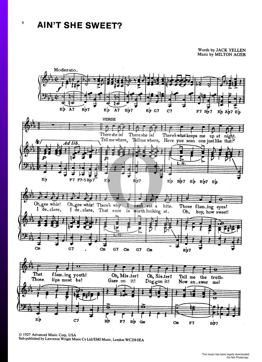 Ain't She Sweet? (Milton Ager, Jack Yellen) Piano Sheet Music - OKTAV