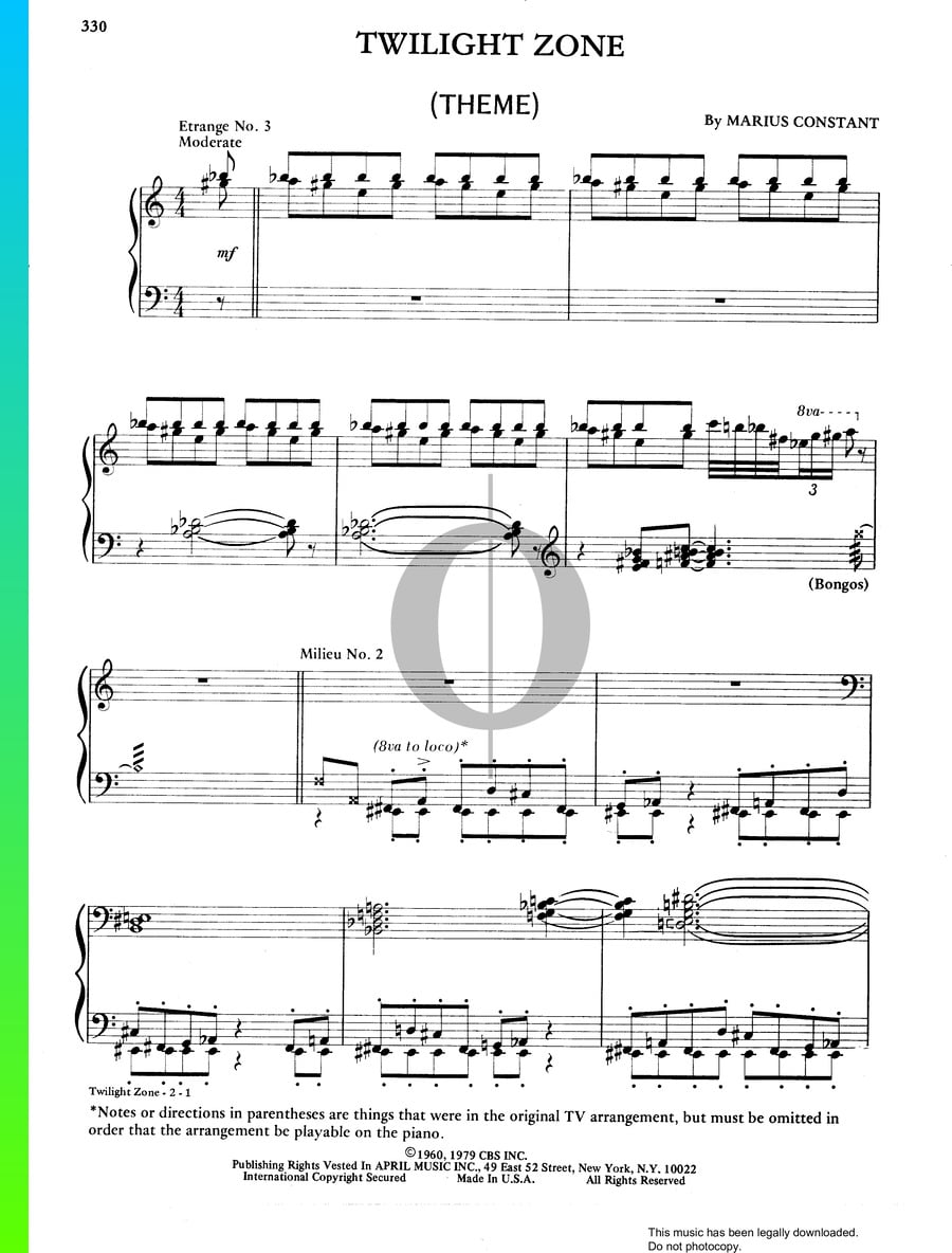 Twilight Zone Piano Sheet Music from The Twilight Zone by Marius ...