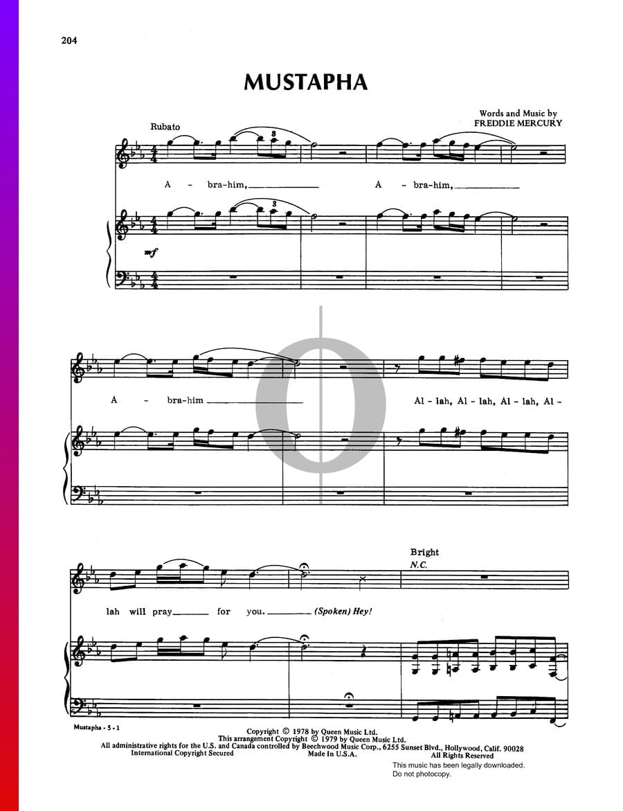 Mustapha (Queen) Piano Sheet Music - OKTAV