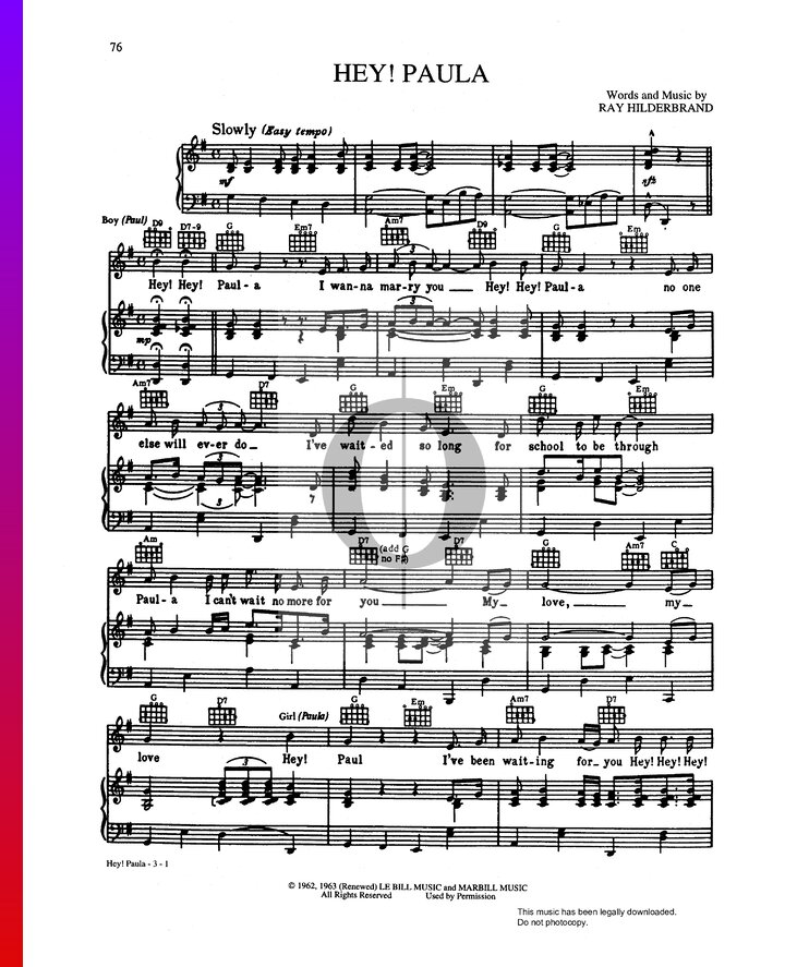 Hey Paula (Paul & Paula) Piano Sheet Music - OKTAV