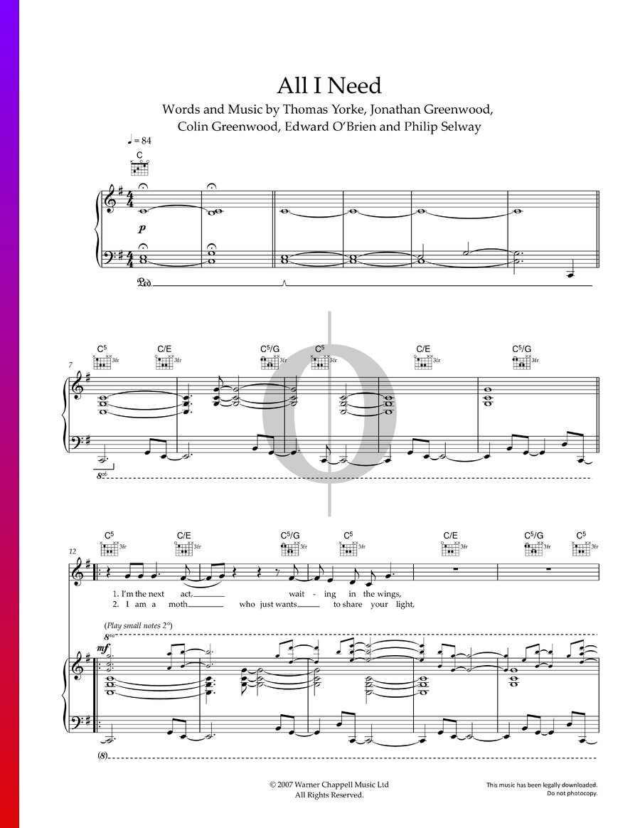 All I Need (Radiohead) Piano Sheet Music - OKTAV