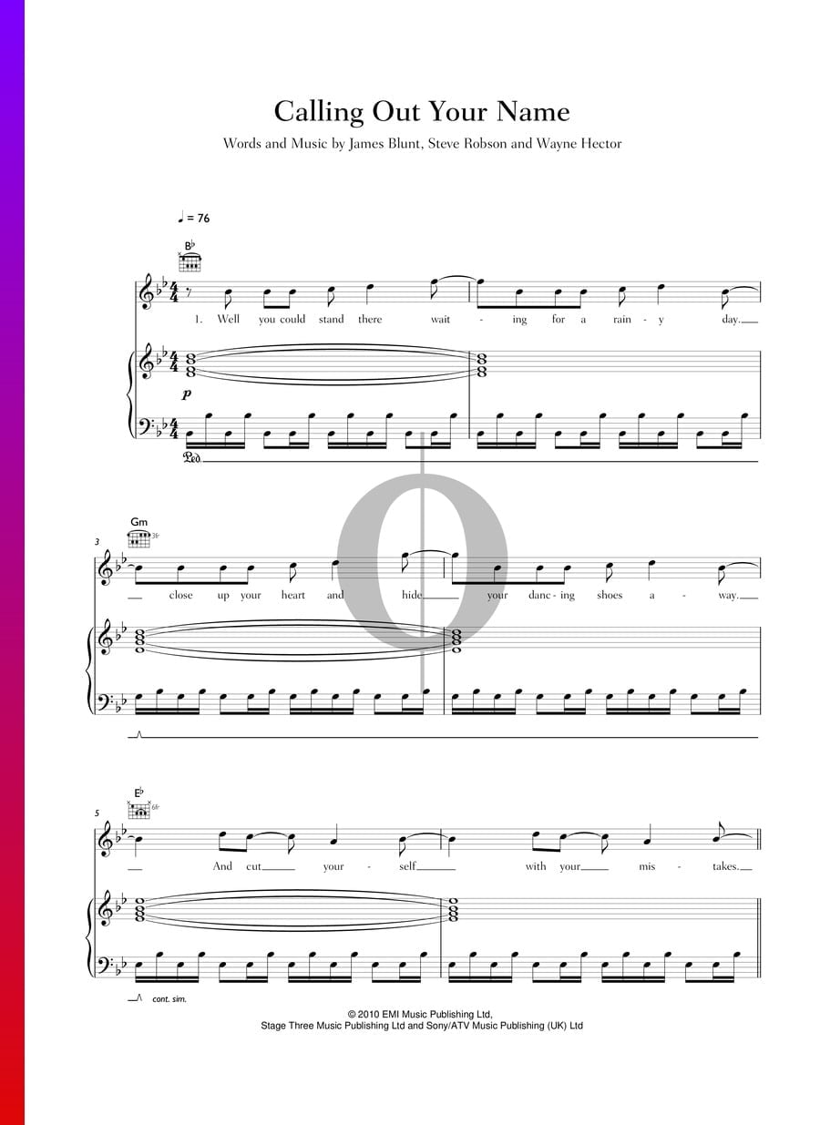 Calling Out Your Name (James Blunt) Piano Sheet Music - OKTAV