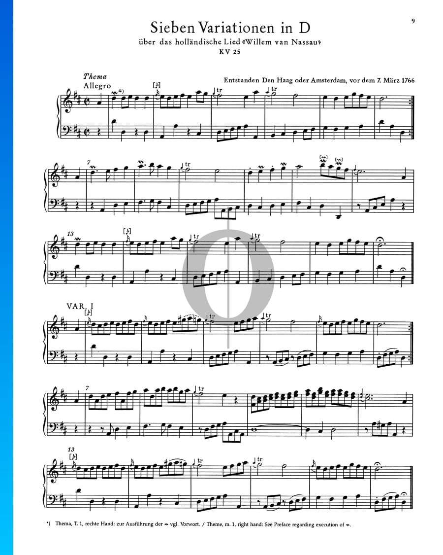 Seven Variations in D Major, KV 25 (Wolfgang Amadeus Mozart) Piano ...