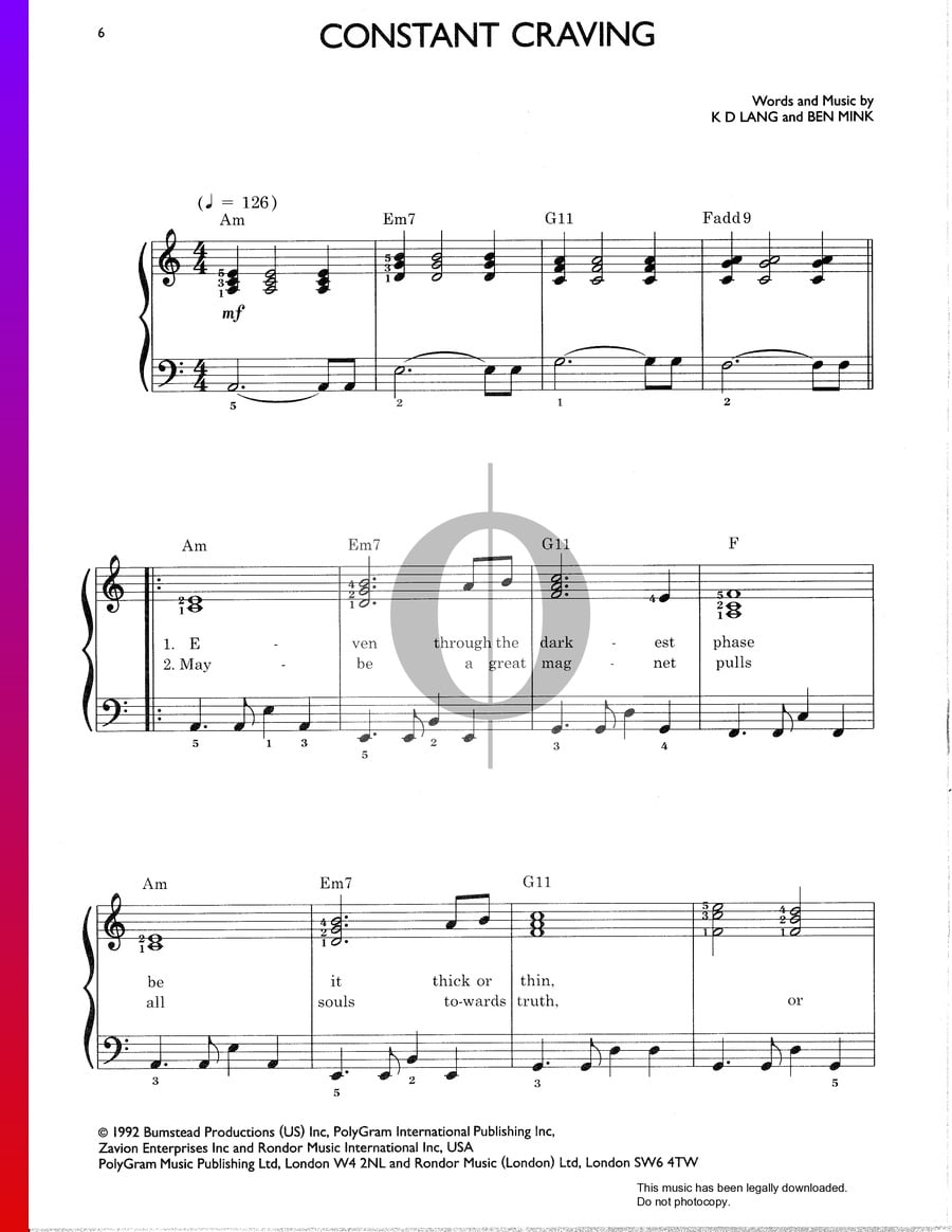 Constant Craving (K.d. lang) Piano Sheet Music - OKTAV