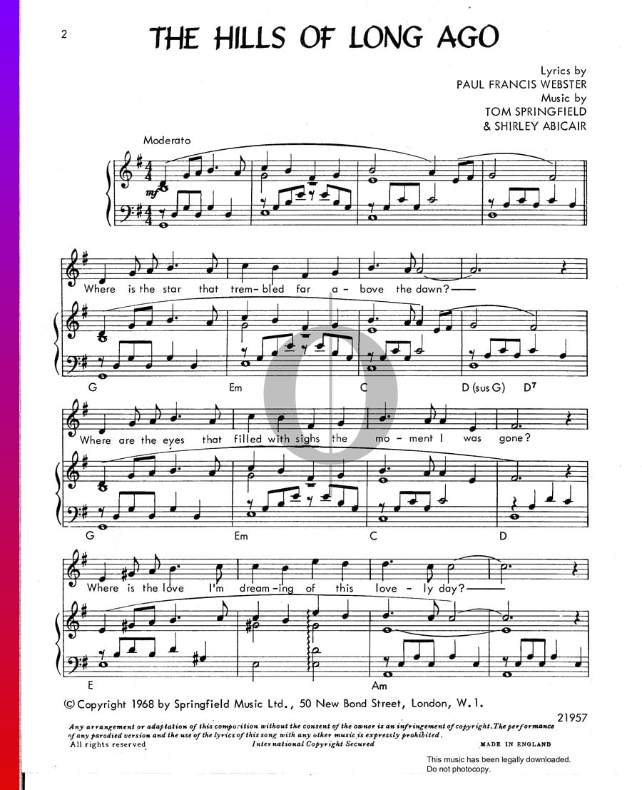 The Hills Of Long Ago (Tom Springfield, Shirley Abicair) Piano Sheet ...