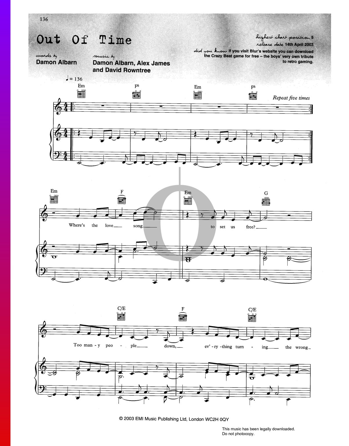 Out Of Time Sheet Music Piano Voice Guitar OKTAV Out Of Time Sheet Music Piano Voice Guitar OKTAV