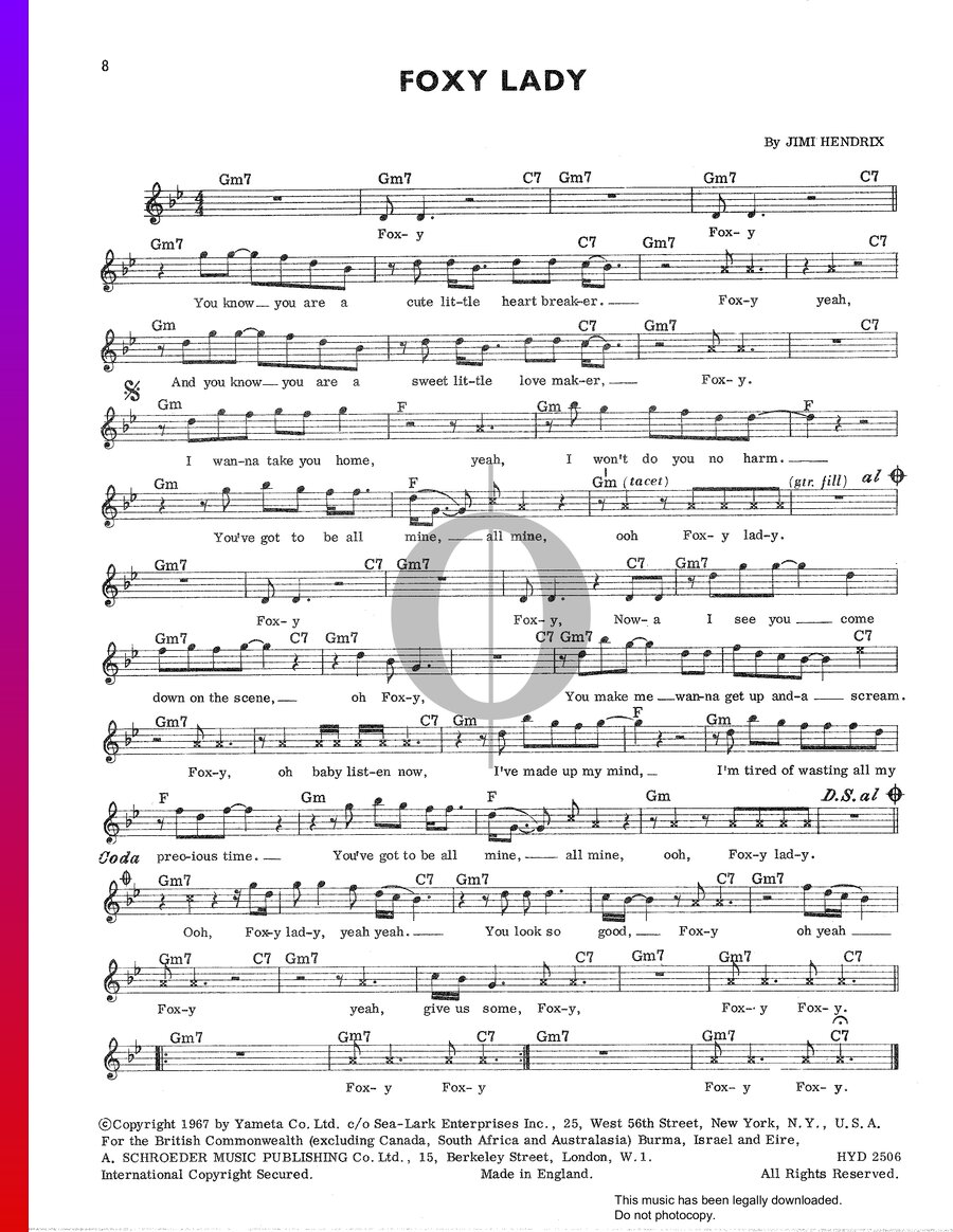 Foxy Lady (Jimi Hendrix) Piano Sheet Music - OKTAV