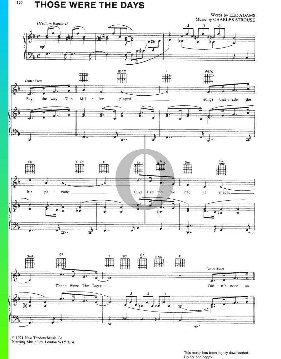 Those Were The Days Piano Sheet Music from All in the Family by Carroll ...