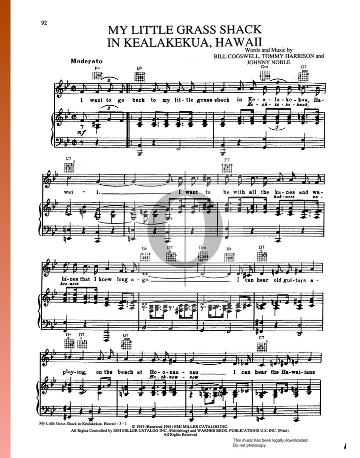 My Little Grass Shack In Kealakekua Hawaii (Ted Fio Rito) Piano Sheet ...