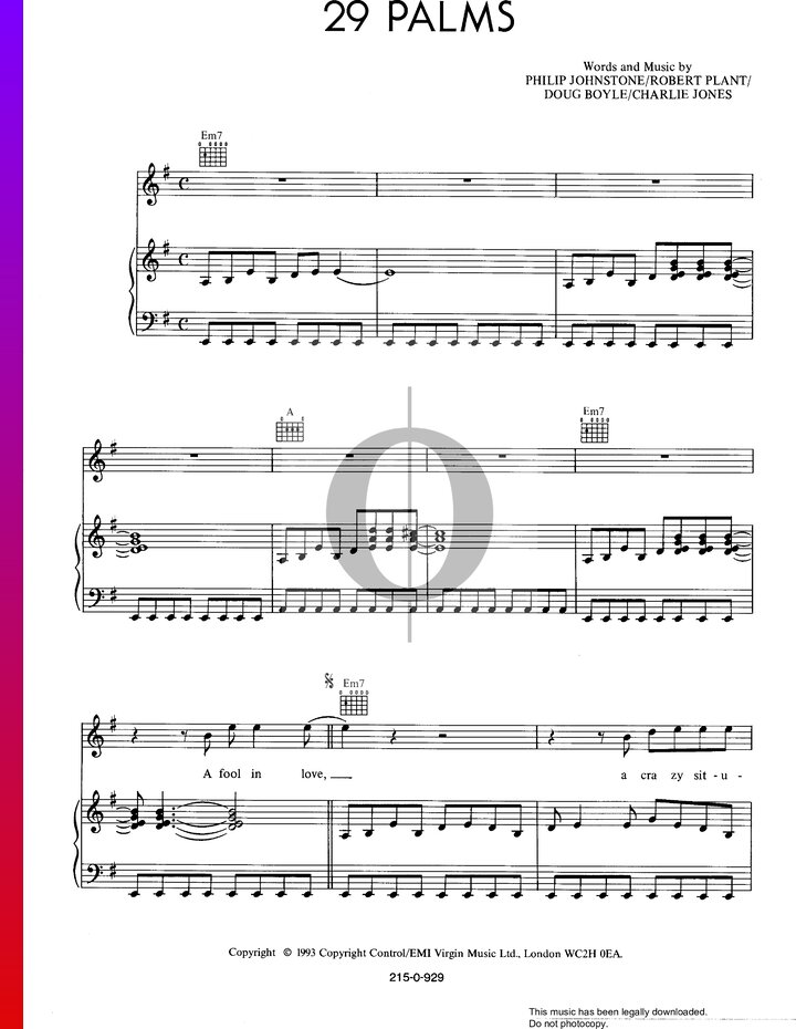 29 Palms (Robert Plant) Piano Sheet Music - OKTAV