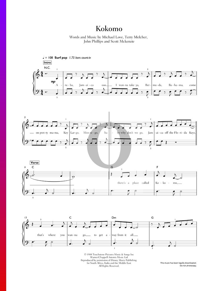 Kokomo (The Beach Boys) Piano Sheet Music - OKTAV