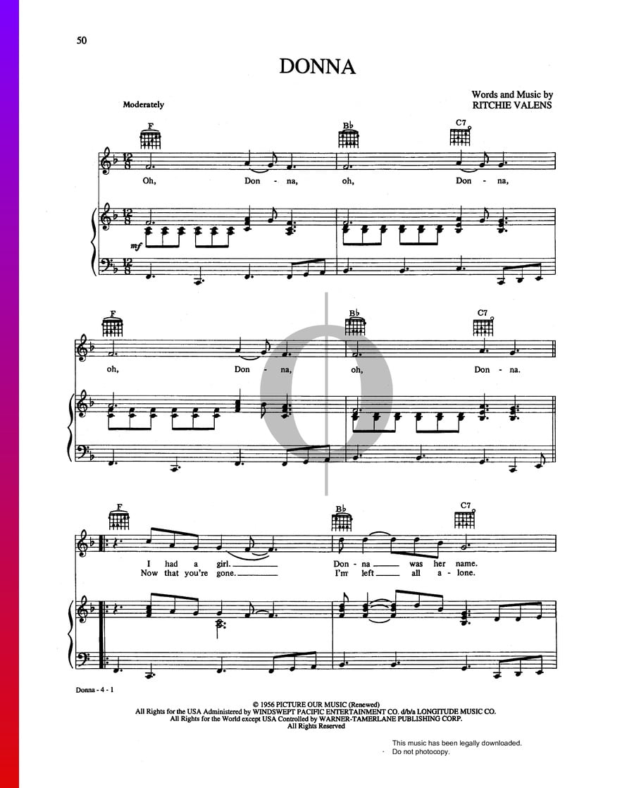 Donna (Ritchie Valens) Piano Sheet Music - OKTAV