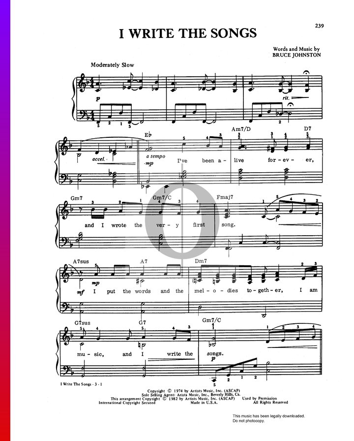 I Write The Songs (Barry Manilow) Piano Sheet Music - OKTAV