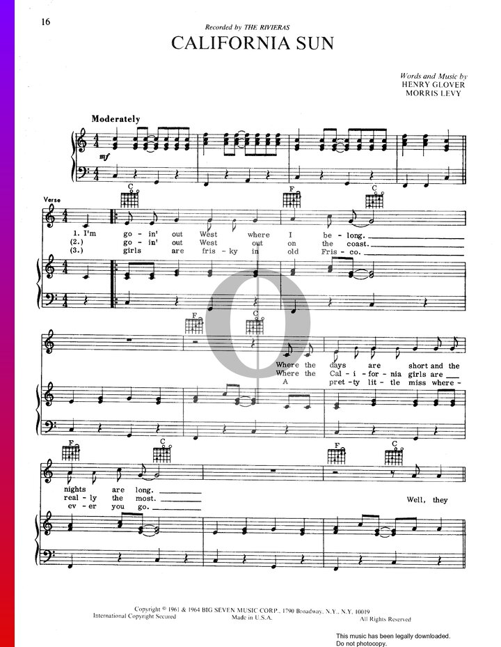 California Sun (The Rivieras) Piano Sheet Music - OKTAV