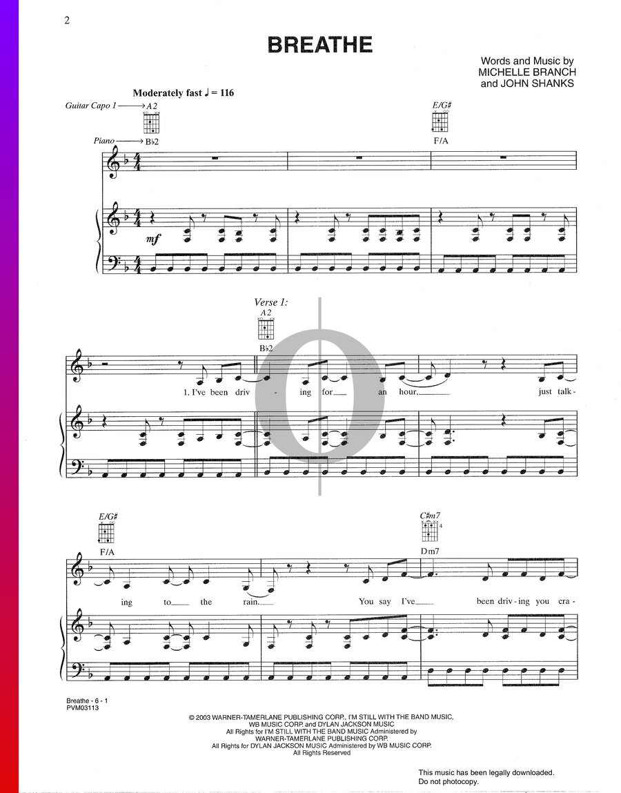 Breathe (Michelle Branch) Piano Sheet Music - OKTAV