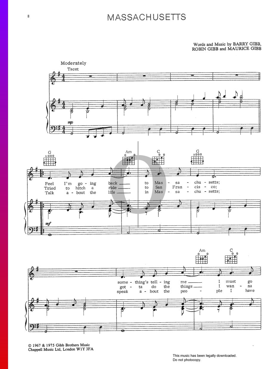 Massachusetts Klaviernoten (Bee Gees) - OKTAV