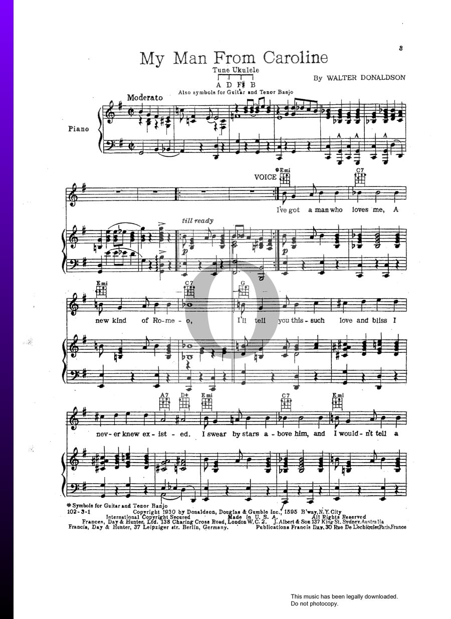 My Man From Caroline (Walter Donaldson) Piano Sheet Music - OKTAV