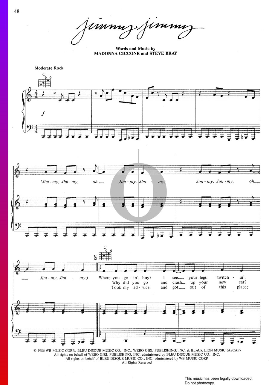 Jimmy Jimmy (Madonna) Piano Sheet Music - OKTAV