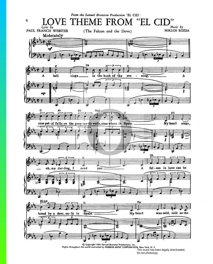 Love Theme From El Cid (The Falcon And The Dove) Piano Sheet Music from ...