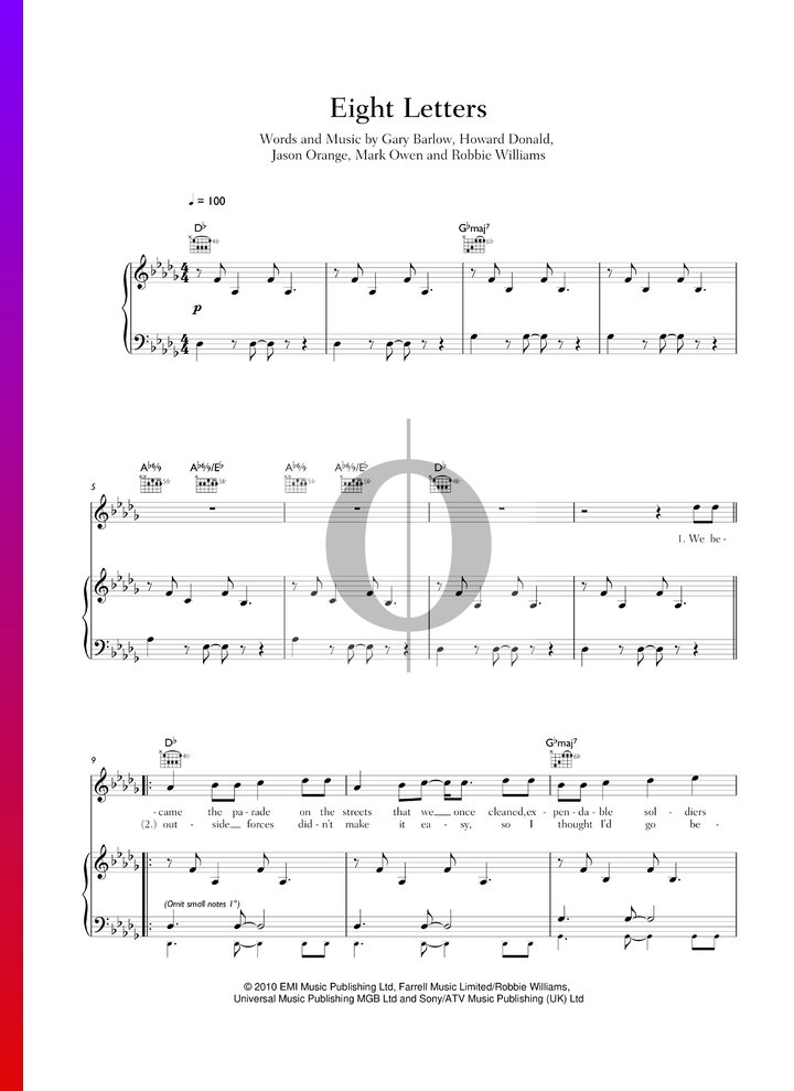 Eight Letters (Take That) Piano Sheet Music - OKTAV
