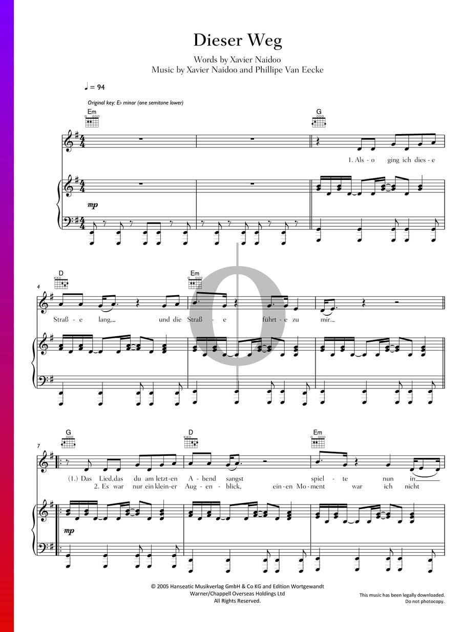 Dieser Weg (Xavier Naidoo) Piano Sheet Music - OKTAV