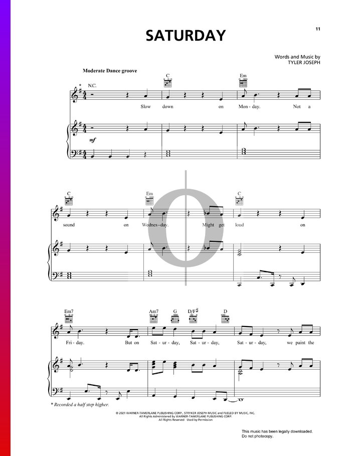 Saturday (Twenty One Pilots) Piano Sheet Music - OKTAV