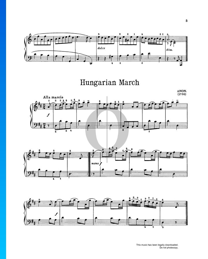 Hungarian March (Anonymous) Piano Sheet Music - OKTAV