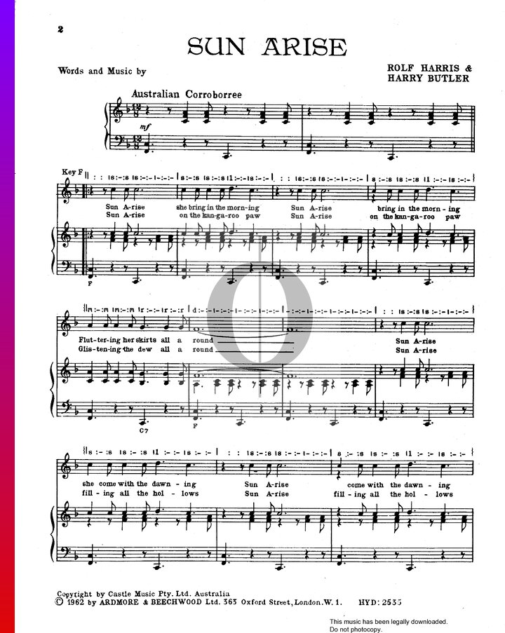 Sun Arise door Rolf Harris | piano bladmuziek (Piano, Stem, Gitaar) - OKTAV