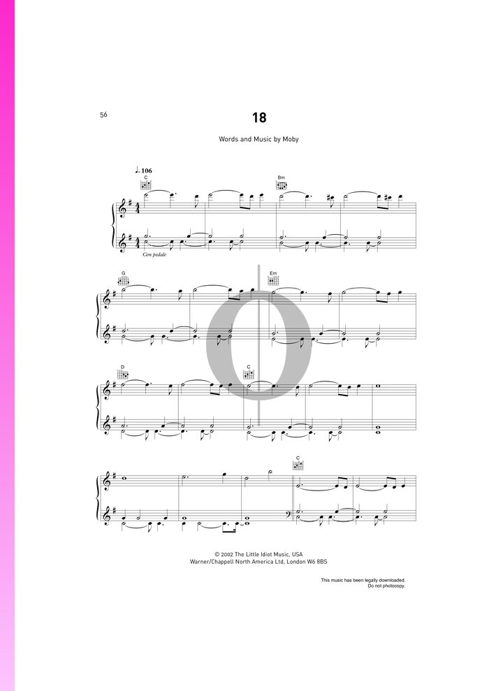 18 (Moby) Piano Sheet Music - OKTAV