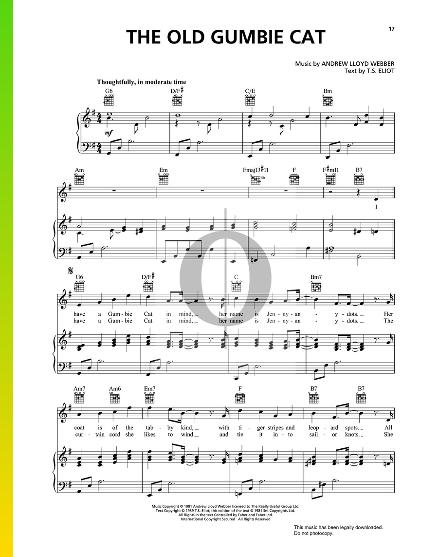 The Old Gumbie Cat (Andrew Lloyd Webber, T. S. Eliot) Piano Sheet Music ...