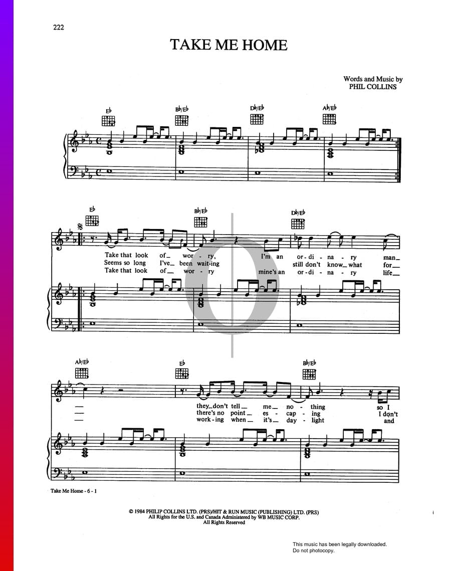 Take Me Home (Phil Collins) Piano Sheet Music - OKTAV
