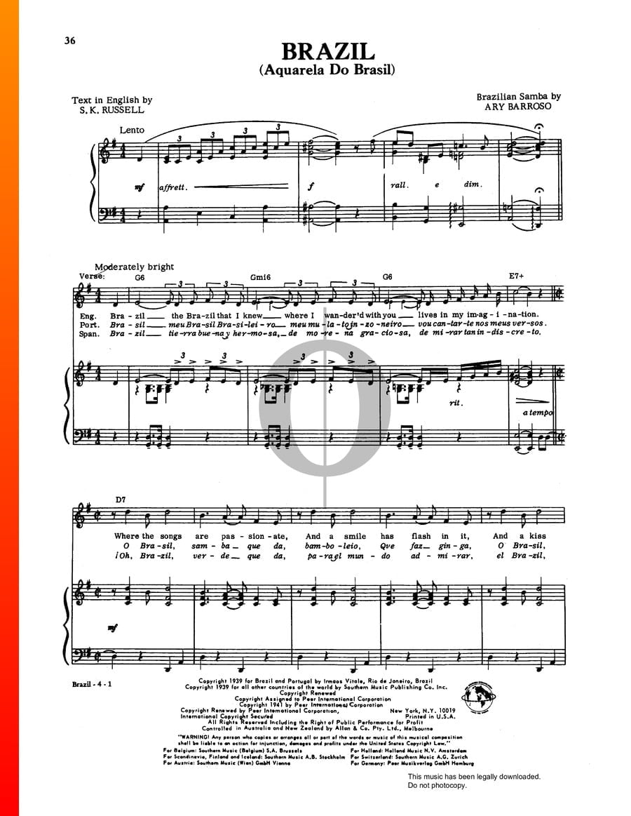 Brazil (Aquarela Do Brasil) (Ary Barroso) Piano Sheet Music - OKTAV