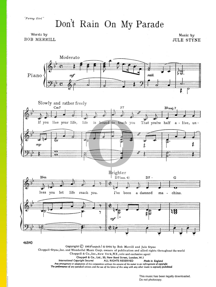 Don't Rain On My Parade (Barbra Streisand) Piano Sheet Music - OKTAV