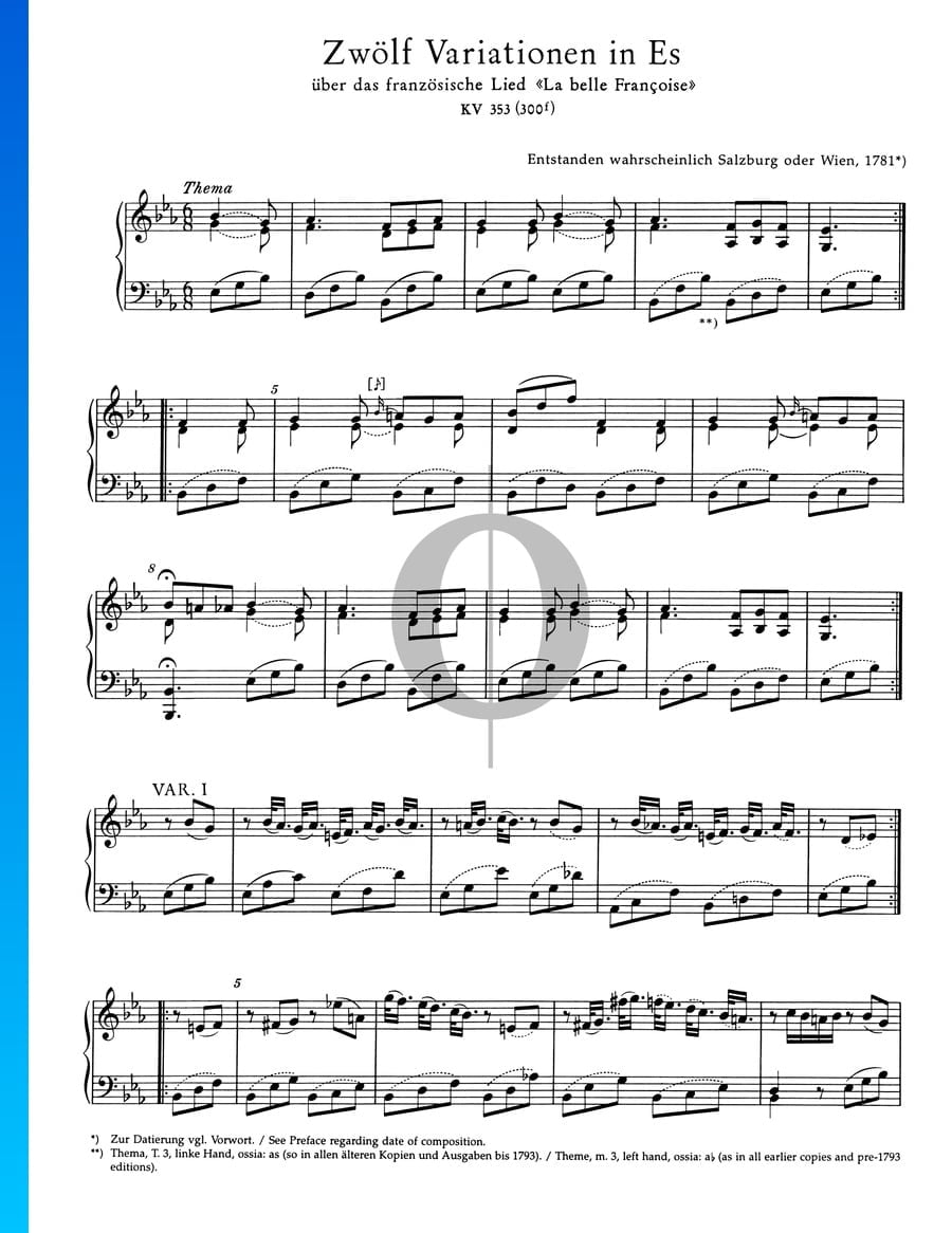 Twelve Variations in E-flat Major, KV 353 (300f) (Wolfgang Amadeus ...