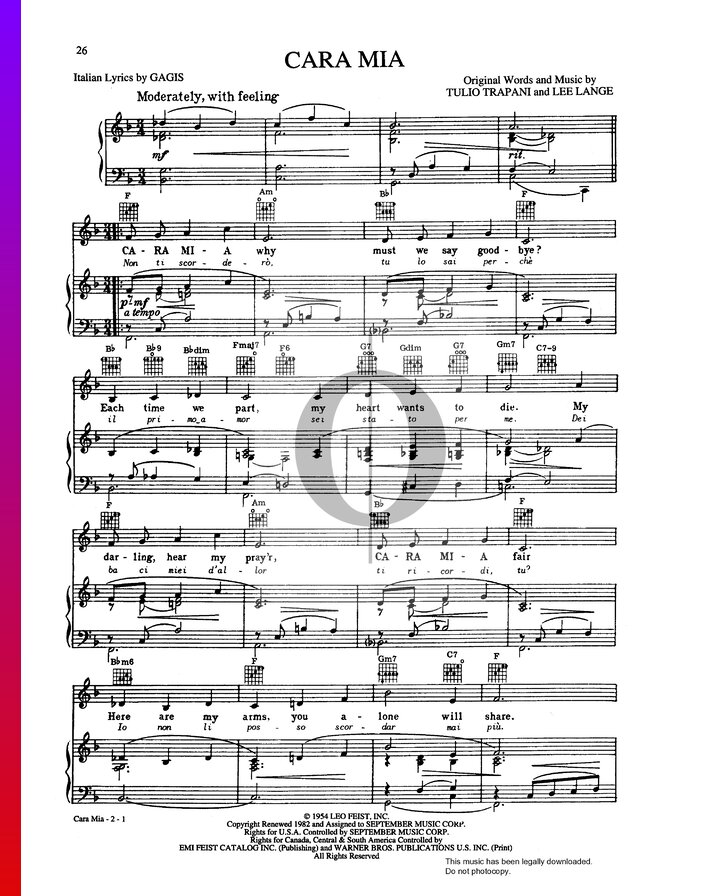 Cara Mia (David Whitfield) Piano Sheet Music - OKTAV