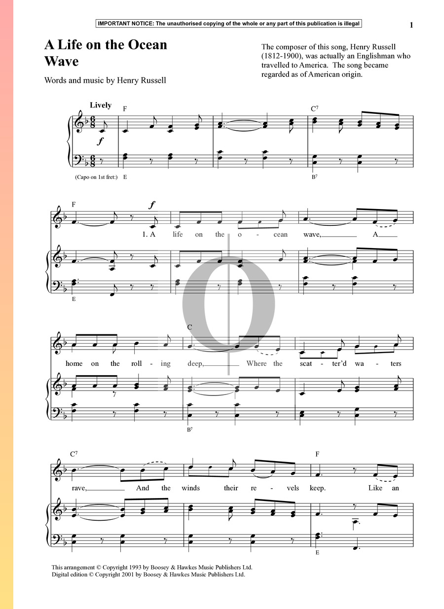 A Life On The Ocean Wave (Henry Russell) Piano Sheet Music - OKTAV