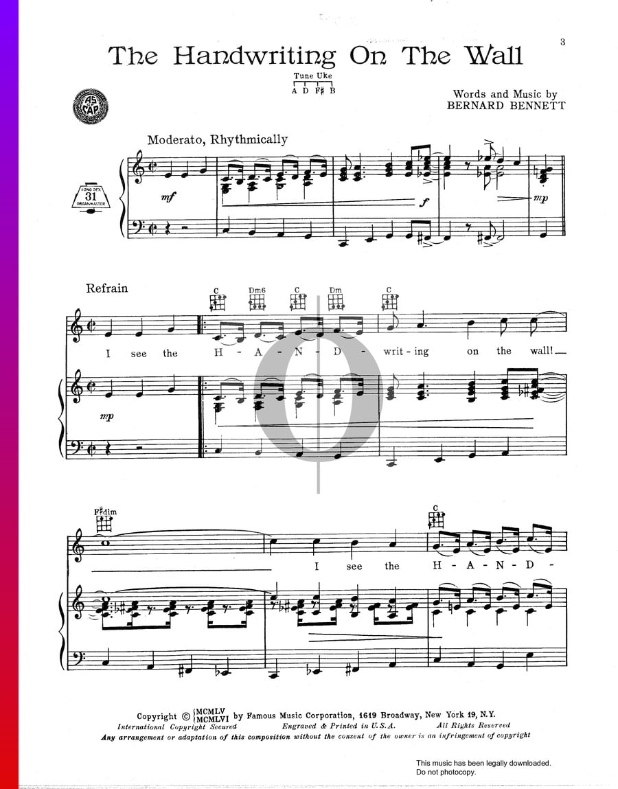 The Handwriting On The Wall (Bernard Bennett) Piano Sheet Music - OKTAV