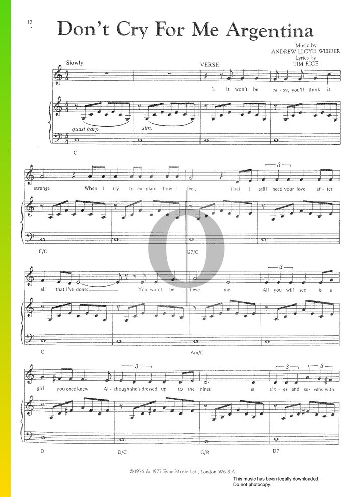 Dont Cry For Me Argentina Andrew Lloyd Webber Piano Sheet Music Oktav