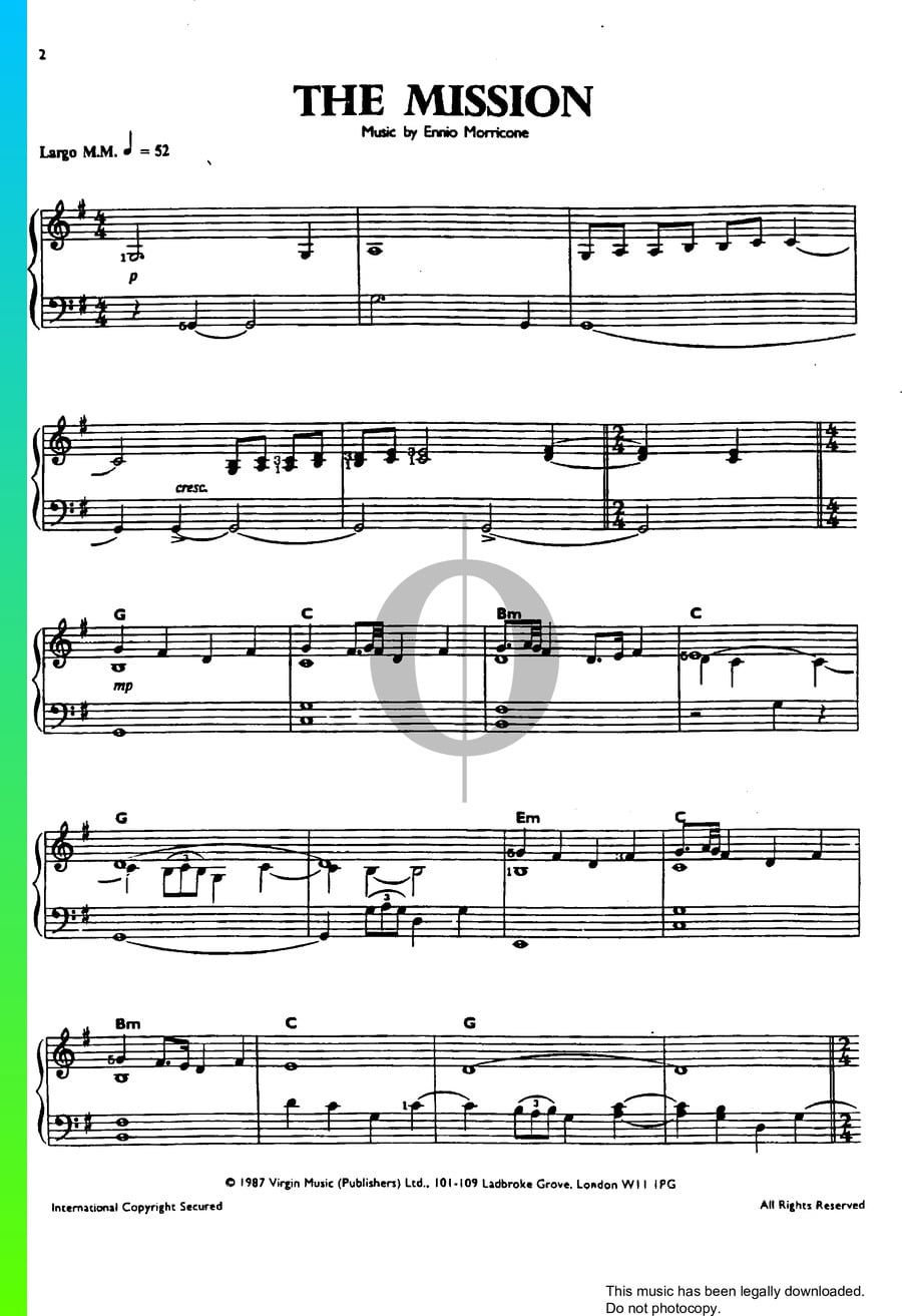 The Mission Piano Sheet Music from The Mission by Ennio Morricone - OKTAV