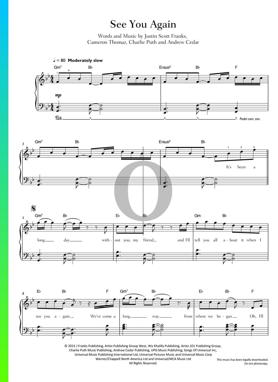 See You Again Piano Sheet Music from Fast & Furious 7 by Charlie Puth ...
