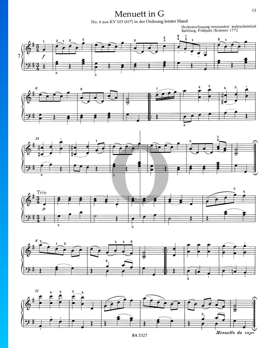 Minuet in G Major, KV 103 (61d) No. 6 (Wolfgang Amadeus Mozart) Piano ...