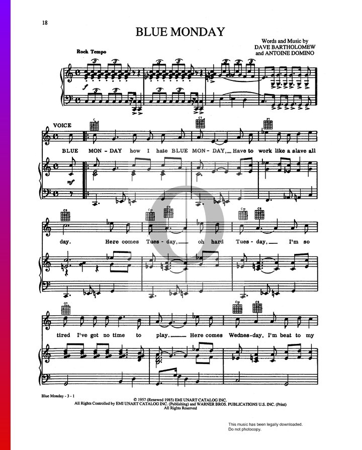 Blue Monday (Fats Domino) Piano Sheet Music - OKTAV